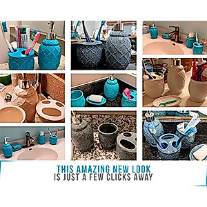 Designer 4-Piece Bathroom Accessory Set – Ceramic Bath Set w/Liquid Soap or Lotion Dispenser, Toothbrush Holder, Tumbler and Soap Dish – Decorative Set w/Embossed Details – Modern Vanity Accessories