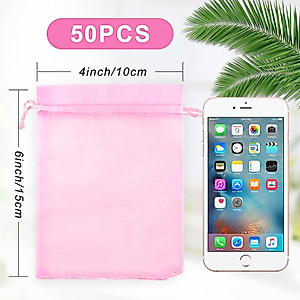 ANZNKU 50 Pack Organza Bags 4 x 6 inch Premium Sheer Drawstring Organza Bags for Candy Jewelry Party Wedding Christmas Favor Gift Bags (Pink)