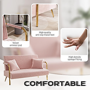 OUYESSIR Loveseat Small Sofa Couch, 59" Love Seat Settee 2 Seater Upholstered Sofa with 2 Pillows for Small Space Living Room Office Apartment (Pink, Velvet)