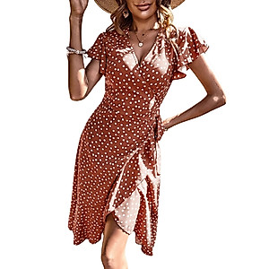 SweatyRocks Women's Polka Dots Short Sleeve V Neck Wrap Dress Tie Side Ruffle Midi Dresses Burnt Orange M