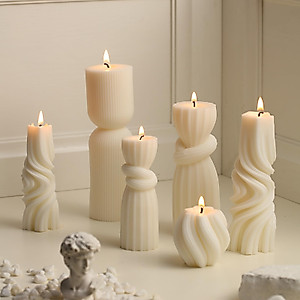 Threlaco 6 Pcs Small Pillar Candles Aesthetic Candle Modern Ribbed Candles Set Cute Soy Wax Scented Ribbed Candle Twirl Geometric Decorative Candles for Home Decor for Living Room Bathroom(White)