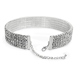 Rhinestone Choker 5 Row Silver by LuxeLife – Women’s Crystal Look Necklace with 5 Inch Extender Chain – Classic Fashion Jewelry Accessories – Matches Earrings and Bracelets Flawlessly