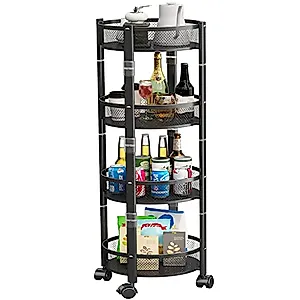 Collapsible Rolling Cart, 4-Tier Metal Storage Utility Cart for Kitchen Home Office Outdoor, Black