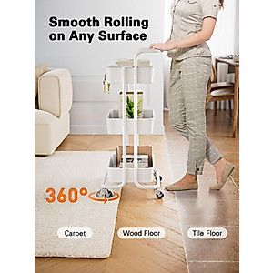 Pipishell 3 Tier Rolling Cart with Table Top, Utility Cart with Wheels & 4 Hooks, Rolling Storage Cart for Home Storage and Organization, White, PIUC09W