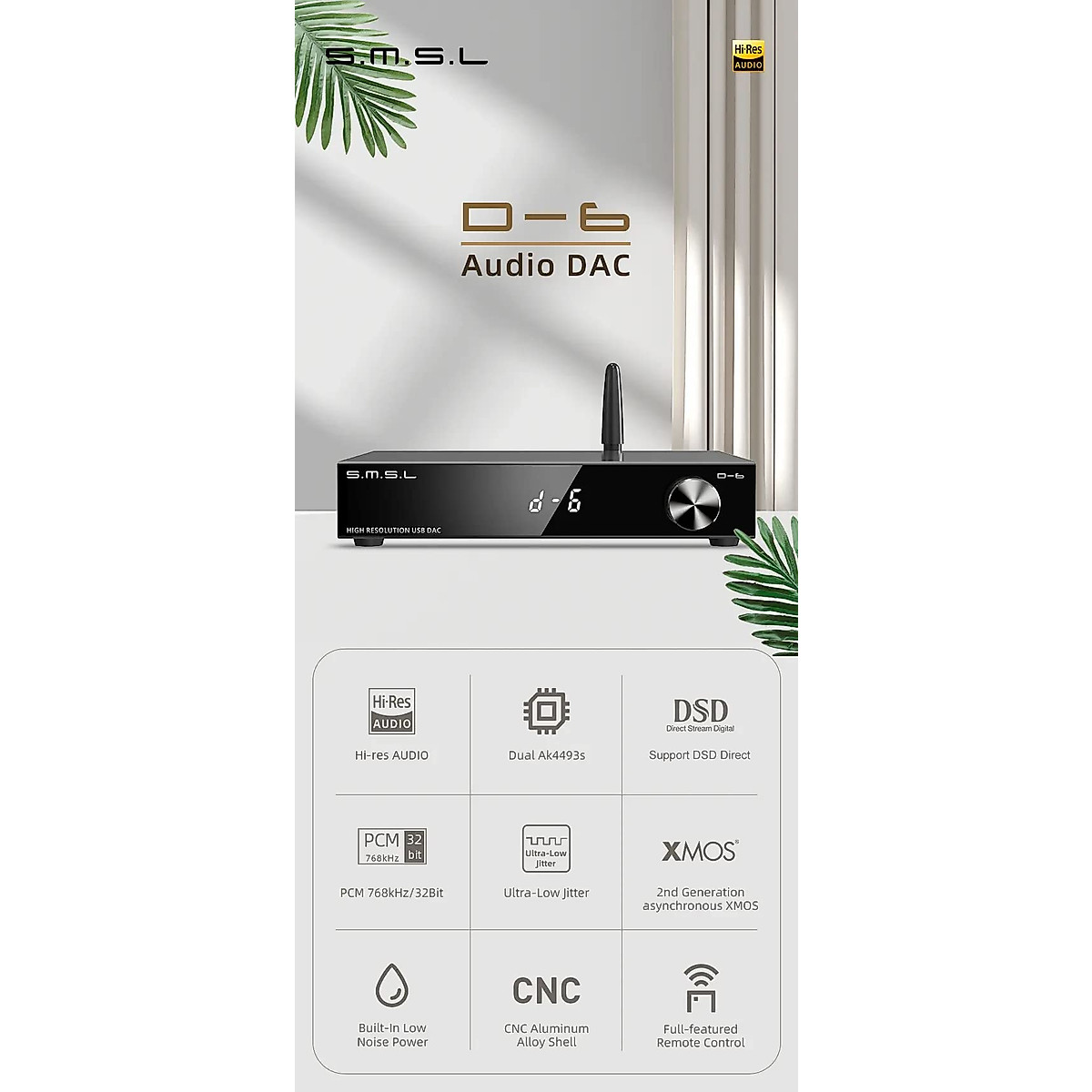 S.M.S.L D-6 Dual AK4493s Chip Bluetooth 5.1 LDAC Audio DAC DSD512 PCM 768kHz 32Bit CK-03 Clock Moudule 6.35mm TRS*2 Balanced Output Type C to Type C USB RCA Decoder with Remote Control (Black)