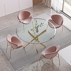 39" Round Dining Table for 6, Glass Kitchen & Dining Room Tables, Modern Circle Dining Room Table with 0.39" Tempered Glass Tabletop and Cross Stainless Steel Legs for Dinner Small Spaces (Gold Leg)