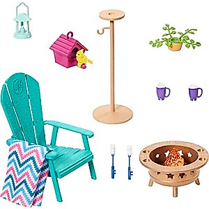 Barbie Furniture and Accessories, Doll House Decor Set with Backyard Patio, Bonfire, Birdfeeder and Birdhouse