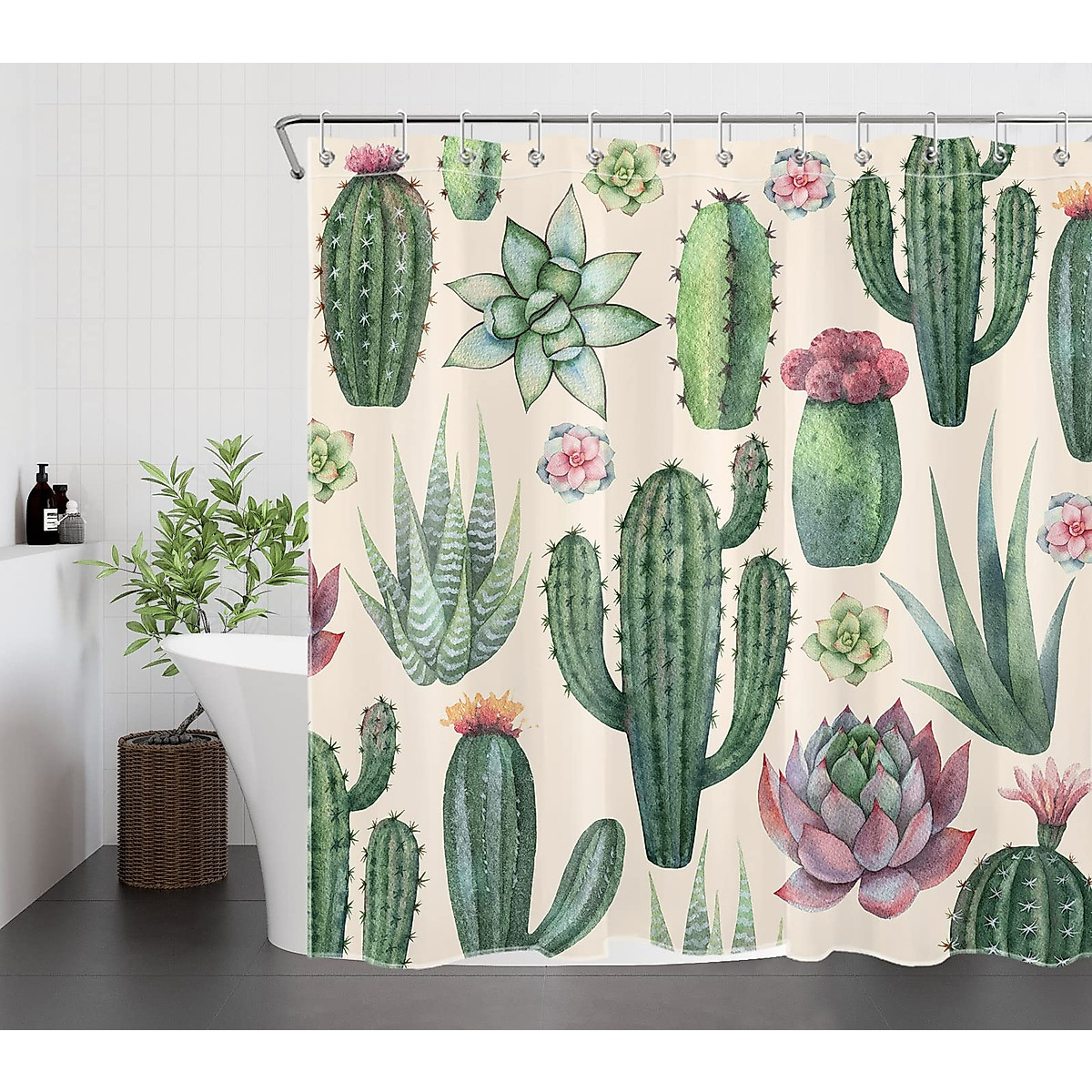 LB Western Tropical Cactus Shower Curtain Sets with Rugs Pink and Green Succulent Plant with Floral on Beige Fabric Shower Curtain with Hooks Nature Plant Bathroom Curtains Shower Set, 72x72 inches