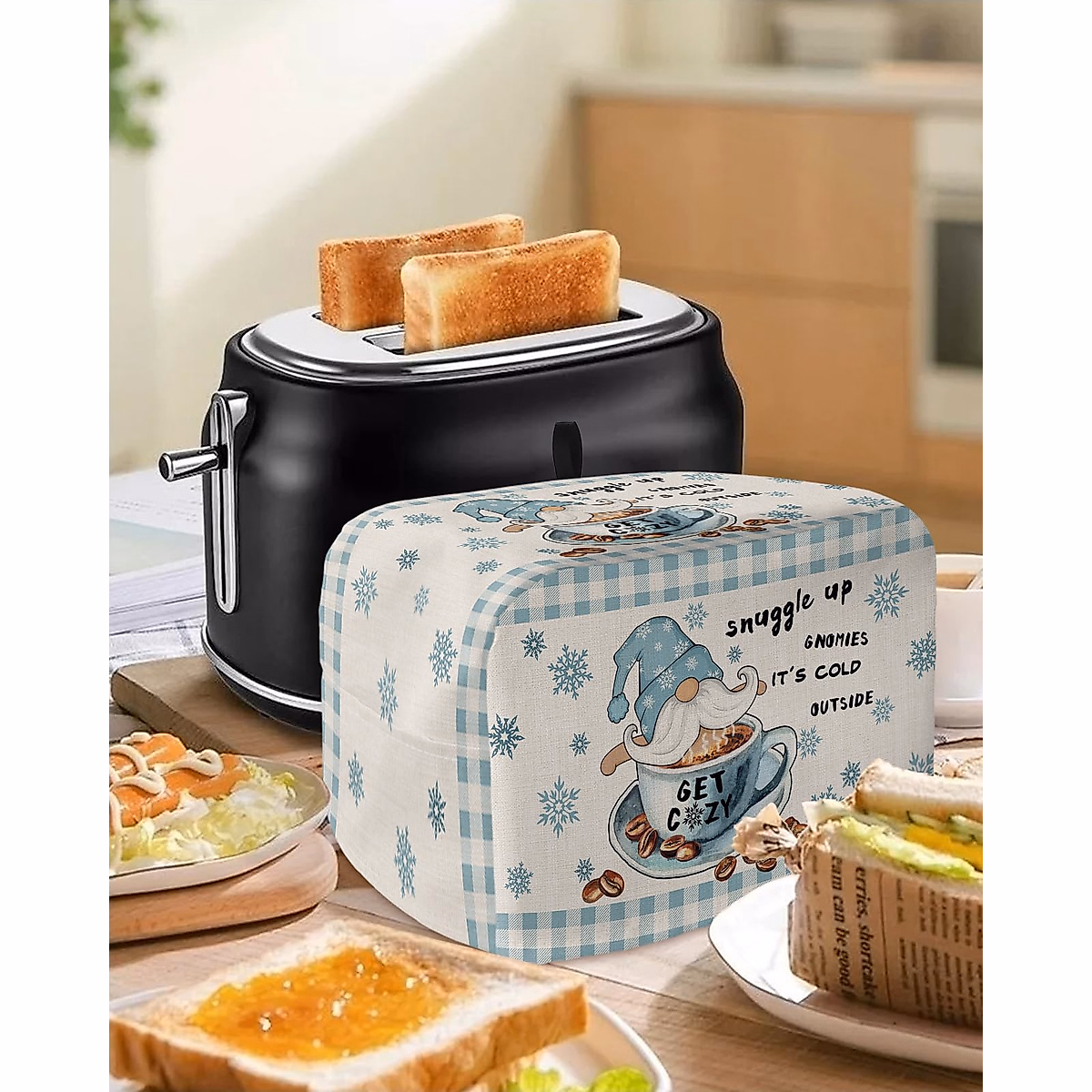 Toaster Dust Cover for Kitchen 4 Slice, Coffee Gnomes Winter Dwarf with Snowflakes Linen Texture Bread Maker Covers Toasters for Fingerprint Protector Small Appliance Covers Accessories (12x11x8in)