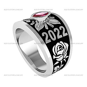 A2Z CUSTOM JEWELRY Personalized Sterling Silver Women's High School Graduation Class Ring with Birthstone, Name/Year/Degree and Flower Rose Shank
