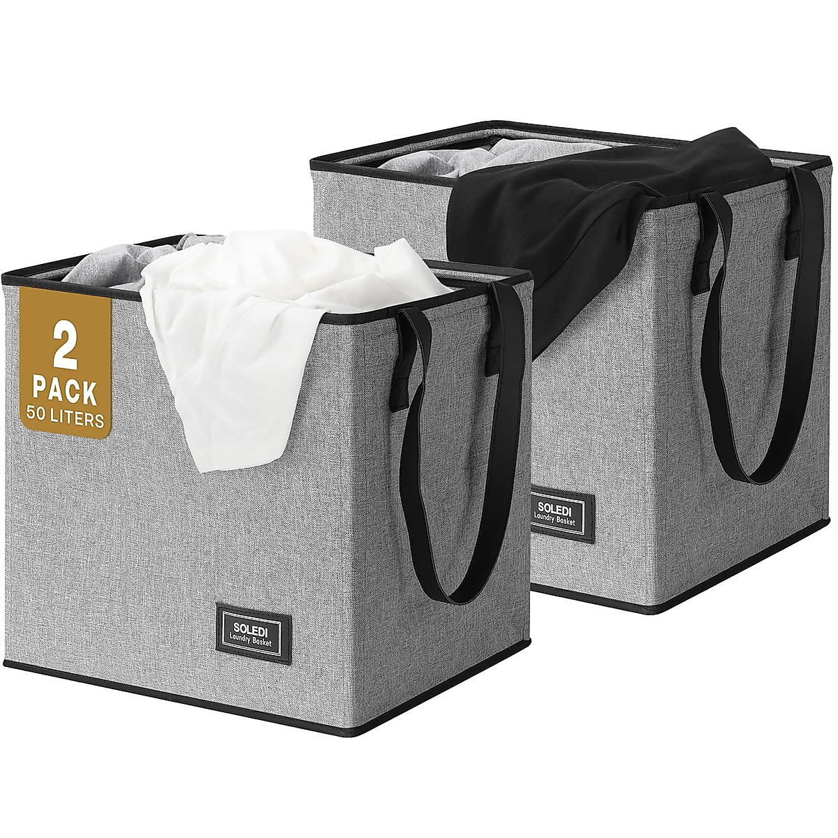 SOLEDI Collapsible Laundry Baskets, 2-Pack 50L (13 Gal) Collapsible Laundry Tote with Extended Easy Carry Handle, Sturdy Iron Wire Frame, Freestanding Clothes Basket for Bathroom, Bedroom, Dorm. Grey