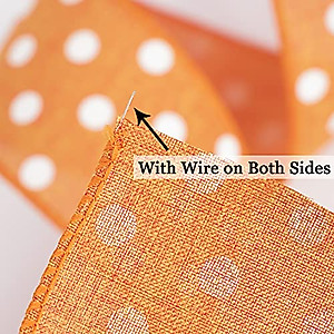 HUIHUANG Orange Polka Dot Wired Ribbon Orange and White Dot Ribbon Wired Edge Burlap Ribbon, 2.5 inch X 10 Yards Wreath Ribbon with Wire for Crafts Fall Wreath Supplies Gift Wrapping Basket Bows Decor