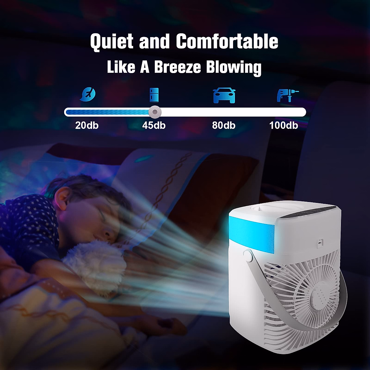 Portable Air Conditioner, Personal Evaporative Air Cooler, Strong Wind Air Fan with 3 Speeds & 3 Misting & LED Light & Aromatherapy Slot Small Desktop Cooling Humidifier Fan for Bedroom, USB Charging