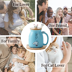 BigNoseDeer Cute Mugs Kawaii Cat Mug Ceramic Coffee Mug Tea Cup with Infuser and Lid Spoon Tea Mug Cute Cool Preppy Stuff Gifts for Women (Blue 13oz)
