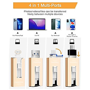 Sunany USB Flash Drive 256 GB for Phone and Pad, High Speed External Thumb Drives USB Memory Storage Photo Stick for Save More Photos and Videos (Gold)