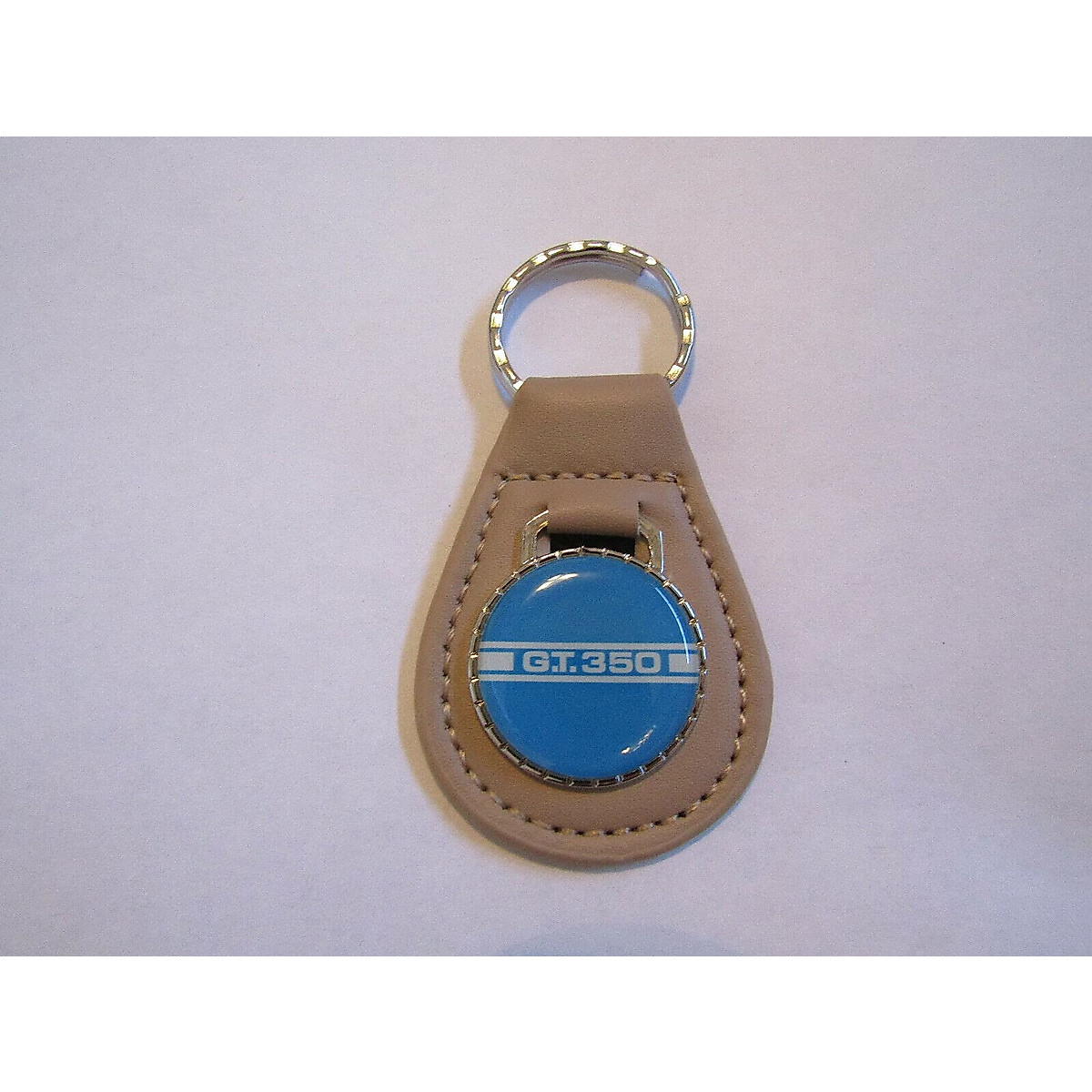 1965 1966 1967 1968 1969 1970 SHELBY GT-350 WHITE STRIPE ON BLUE LEATHER KEYCHAIN - BEIGE