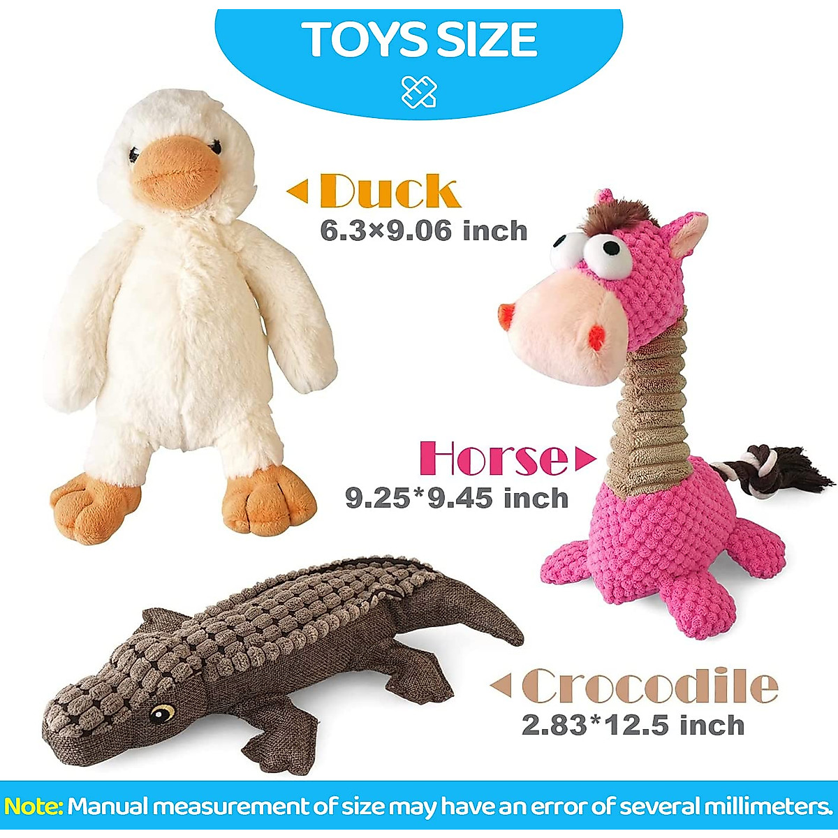 SUNKY Dog Squeaky Toys,Stuffed Plush Dog Chew Toys 3 Pack Durable Cute Dog Toys Set for Small, Medium, Large Dogs Puppy Pet Toys for Teething (Duck, Horse and Crocodile)