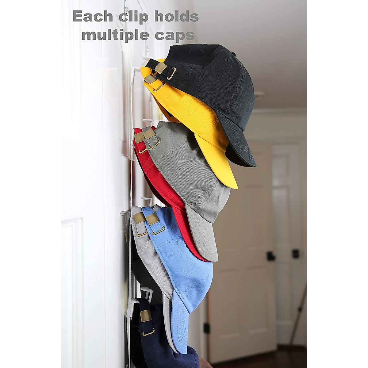 Cap Rack FAV | Hat Racks | Hold up to 40 caps | Over Door Organizer | Baseball Hat Organizer | Over Door Hanger | Fitted & Adjustable Caps & Visors | Door Slam Proof | 2 Straps | 20 Adj. Hooks | White