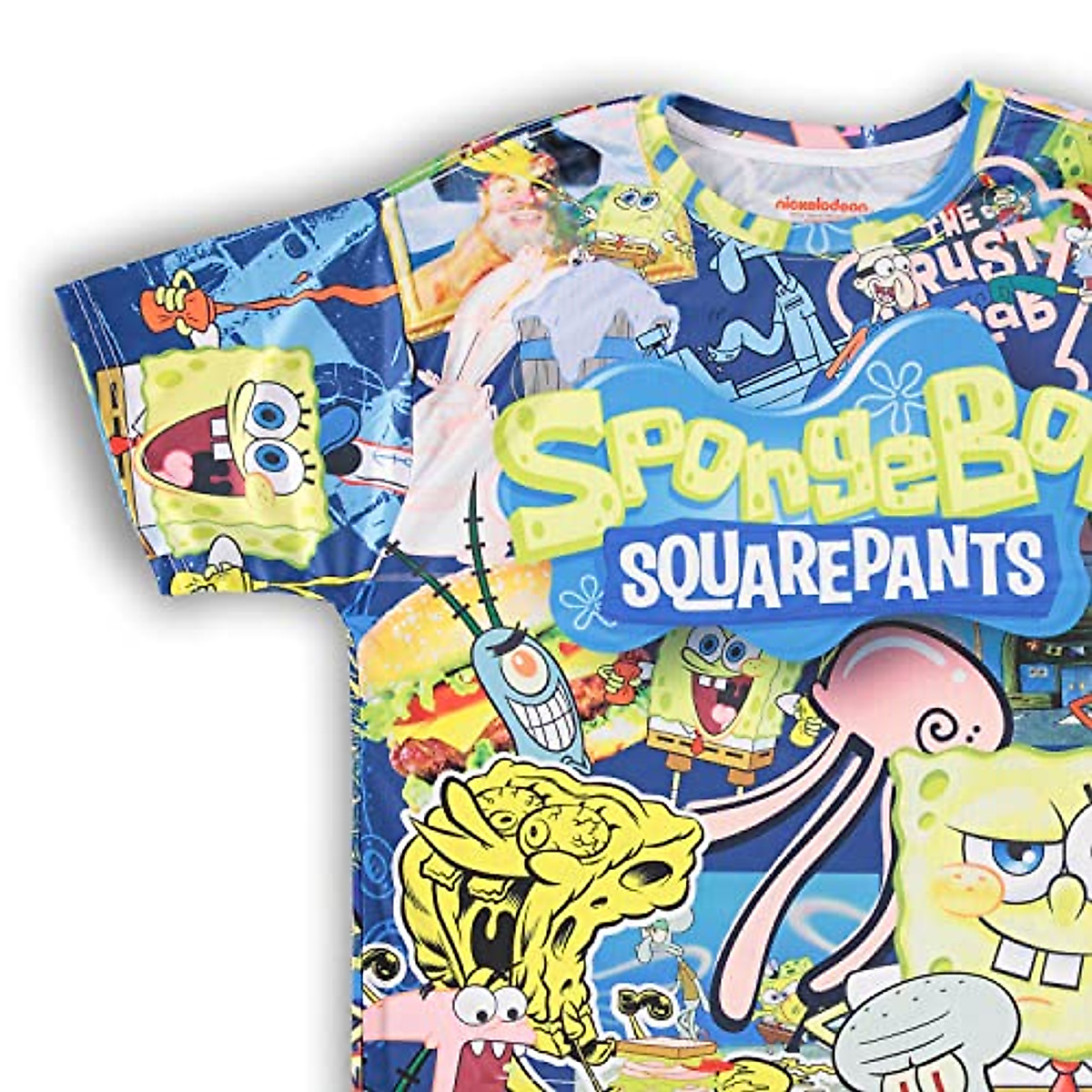 Mens Spongebob Squarepants Classic Shirt - Spongebob, Patrick & Krusty Krab Sublimated Allover T-Shirt (White, X-Large)