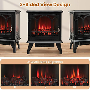 COSTWAY Electric Fireplace Stove with 3-Sided View, Remote Control, 1400W Portable Freestanding Heater with Thermostat, 3-Level Brightness, 0.5-6H Timer, Overheat Protection, CSA Certification, Black