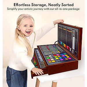 194 Piece Deluxe Art Set, Painting Drawing Art Supplies with 4 Drawing Pads, Acrylic Paints, Crayons, Colored Pencils Set in Wooden Case, Art Kit Gift Box for Kids, Teens, Adults, Artists, Beginners