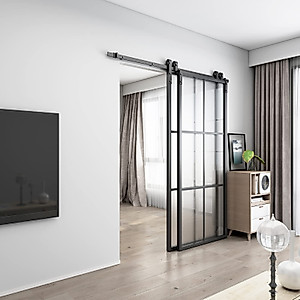 BARNSMITH Bypass 72 x 84in Double Glass Barn Door with 6.6FT Side-Mounted Hardware Kit, 2 Sets of 36x84in Black Aluminum Tempered Frosted Glass Sliding Door, Assemble Required(2 * 36inx 84in)