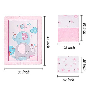 Luxanna Crib Bedding Set Pink Elephant 3 Pieces Baby Nursery Bedding Sets with Baby Comforter,Crib Fitted Sheet, Crib Skirt for Girls