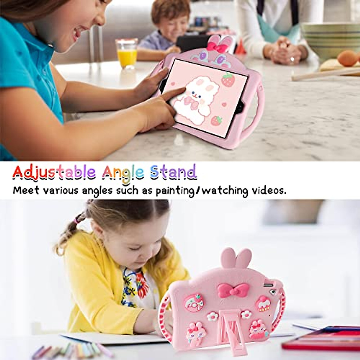VOFUOE for iPad 6th 5th Generation Case, iPad 9.7 Case 2018 2017 with Dolls Shoulder Straps, Cute Rabbit Soft Silicone Tablet Cases Kids Girls for iPad Pro 2016/iPad Air 2th, iPad 6th/5th 9.7''-Pink
