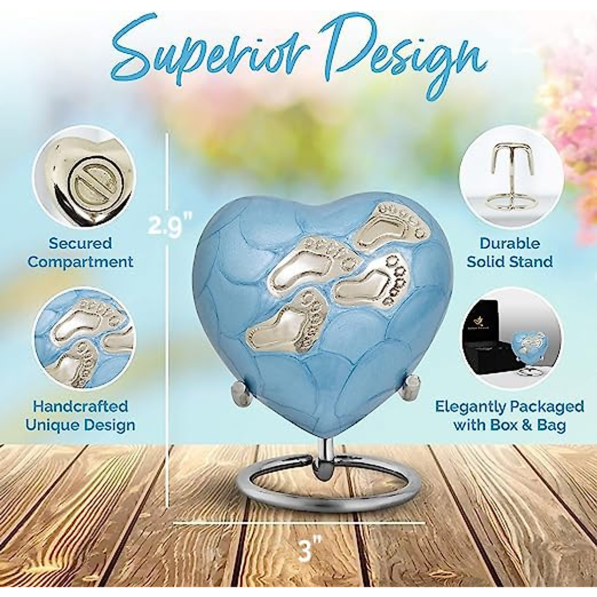 Small Heart Urn for Baby Ashes - Blue Heart Cremation Urn for Baby Boy - Small Urn with Box & Stand - Heart Shaped Memorial Urn for Ashes - Small Keepsake Urn Heart - Mini Urn for Infants & Children