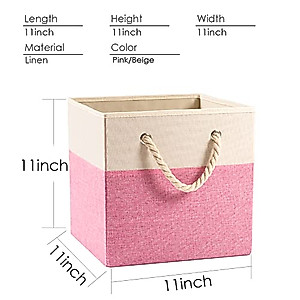 PRANDOM Large Foldable Cube Storage Bins 11x11 inch [4-Pack] Fabric Linen Storage Baskets Cubes Drawer with Cotton Handles Organizer for Shelves Toy Nursery Closet Bedroom Pink