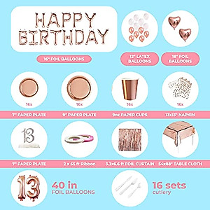 13th Birthday Decorations for Girls, 160 Pc. Party Set Serves 16 Guests, Rose Gold Banner, Latex and Foil Balloons, Paper Plates, Cups, and Napkins, Tablecloth and Curtain, and More