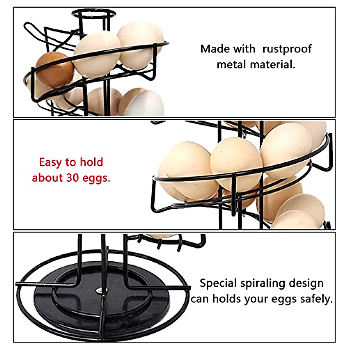 Rotating Egg Organizer Basket, Spiral Design Metal Egg Rack, Stable Base Egg Dispenser Rack, Large Capacity Egg Storage Display Holder Rack, Egg Rack Countertop, Kitchen (Without Handle Black)