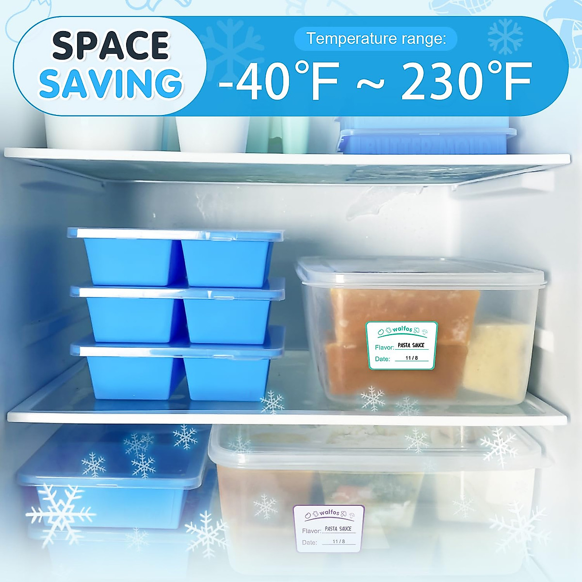 Walfos 1 Cup Silicone Freezer Tray with Lid,Soup Freezer Molds 4 Packs,Bin and Tongs,BPA Free Silicone Freezing Container,Perfect For Storing and Freezing Soup,Broth,Sauce,with 12 Removable Labels