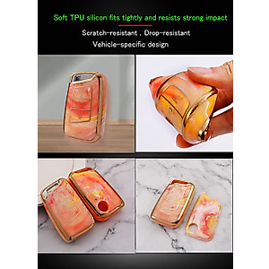 SANRILY Golden-edge Jade Pattern Key Fob Cover for VW Atlas Arteon Jetta Golf Alltrack Passat for Tiguan Skoda Kodiaq Superb A7 Accessories with Leather Keychain Keyless Smart Key Case Shell Orange