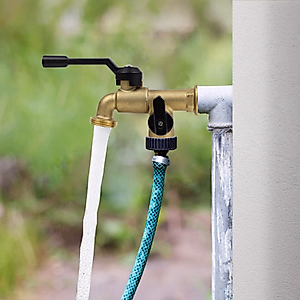 Outdoor Double Taps Water Faucet, Wall Mounted Garden Two 3/4 inch Brass Ball Valves Water Tap Splitter, Frost-Proof Outside Spigot Replacement with 2 Outlets for Home, Balcony, Hose Connector