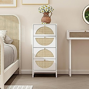 Natural Rattan Drawer Chest Storage Cabinet Suitable for Living Room and Bedroom, Bedroom Dresser with 4 Drawers for Small Space, Storage Tower Organizer Unit for Hallway/ Entryway/ Closets (White)