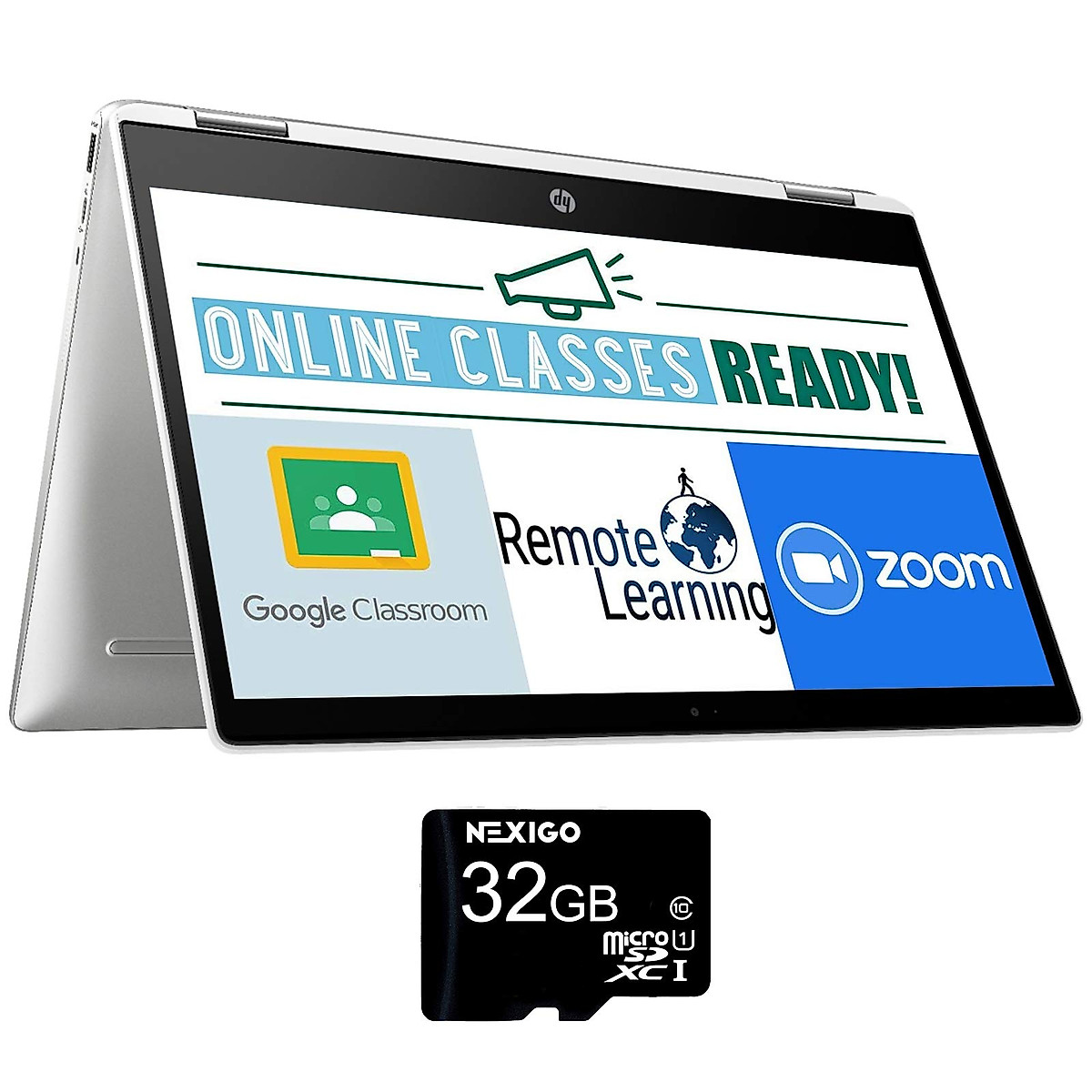 HP 2021 Chromebook 14 Inch Touchscreen 2-in-1 Laptop with Webcam, Intel Celeron N4000 up to 2.6 GHz, 4GB RAM, 32GB eMMC, Bluetooth, USB Type-C, Chrome OS + NexiGo 32GB MicroSD Card Bundle
