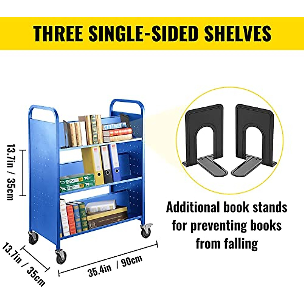 BestEquip Book Cart, 200LBS Library Cart, 49.2''x35.4''x18.9'' Rolling Book Cart, Double Sided W-Shaped Sloped Shelves with Lockable Wheels for Home Shelves Office School Book Truck Blue