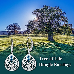 Filigree Teardrop Leverback Earrings Sterling Silver Simulated Aquamarine Dangle Drop Earrings March Birthstone Birthday Jewelry Gifts for Women