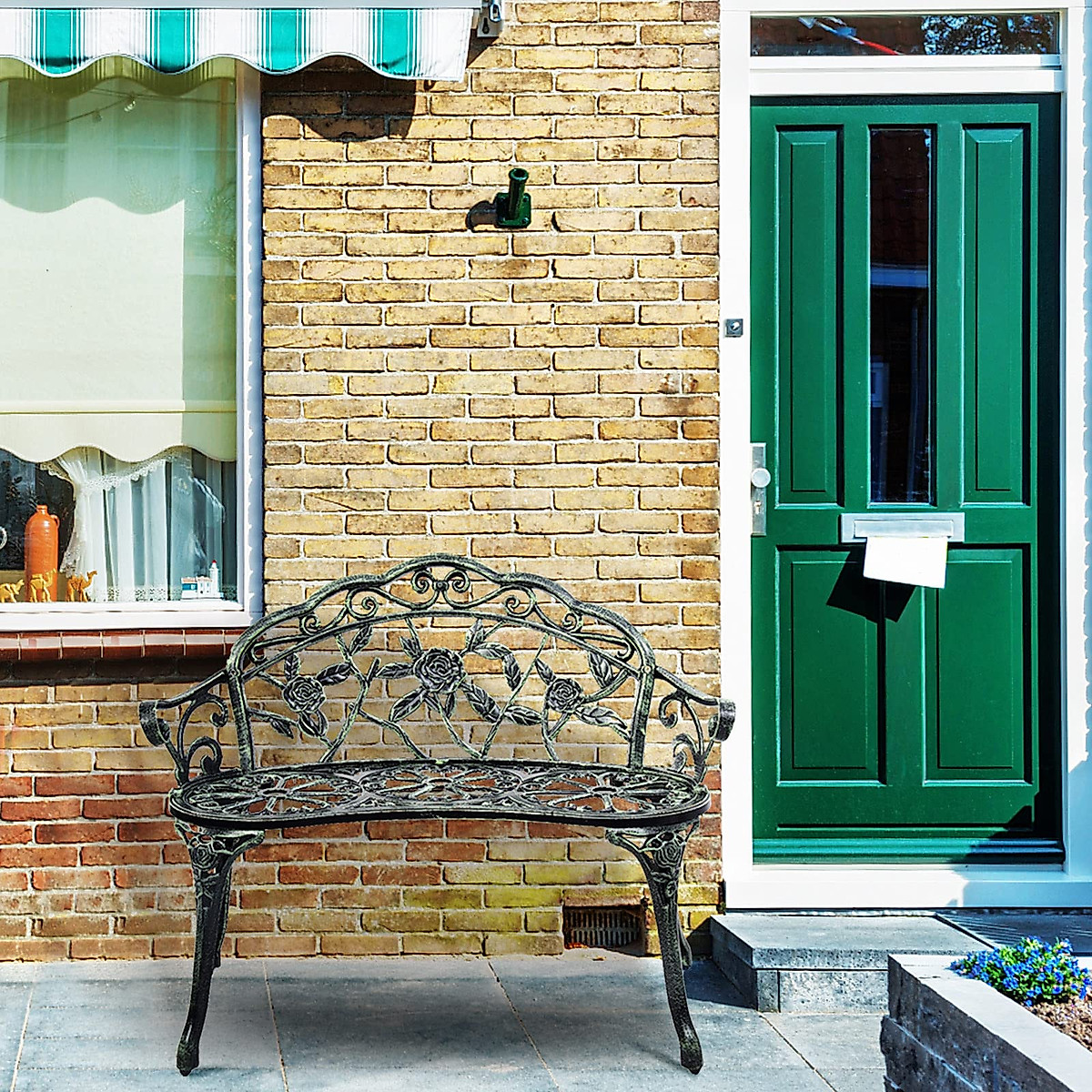 Tangkula Outdoor Garden Bench Park Bench, All-Weather Patio Bench Chair with Cast Aluminum Seat & Backrest, Porch Loveseat with Cast Iron Handle & Legs, Outdoor Bench for Patio Garden Lawn Park Deck