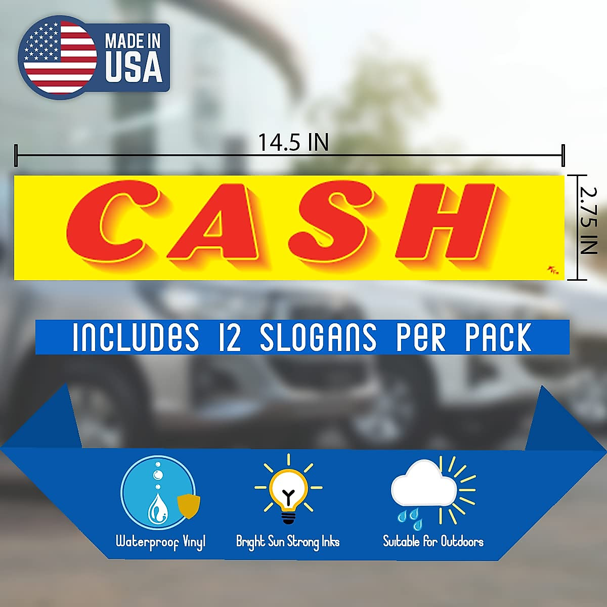 Versa Tags Windshield Slogan Stickers 12 Pack of Cash Stickers 12 Pack of Buy HERE Pay HERE Slogans 12 Pack of 4X4 Window Stickers (36) Dealership Stickers Red On Yellow