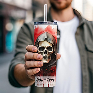 Personalized Custom Name Text Death Grim Reaper Black Red Shades Watercolor Skinny Tumbler 20oz with Straw Insulated Water Bottle Gift - 1 Line Horizontal
