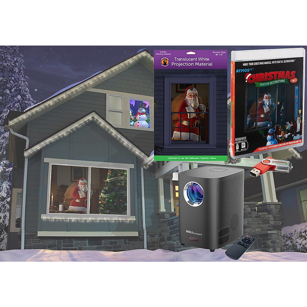 HoliScapes® Christmas Digital Decoration Kit Includes 7 AtmosFX® Video Effects for Christmas Plus HD Super Bright Projector and 48” x 72” Holographic Projection Screen