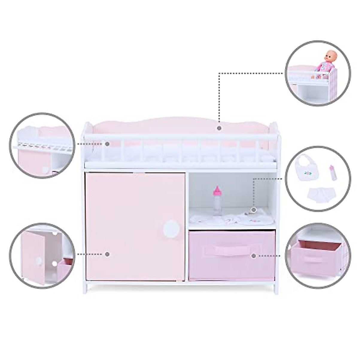 Olivia's Little World Polka Dot Princess Wooden Baby Doll Crib with Under-The-Crib Storage Featuring a Cabinet with Door and Two Cubbies, Pink and White