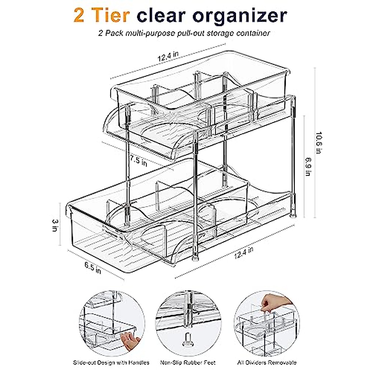 MHHA 2 Tier Clear Under Bathroom Sink Organizers and Storage, Medicine Cabinet Organizer with Dividers,Pull Out Kitchen Pantry Shelf Cupboard Closet Vanity Organization Bins