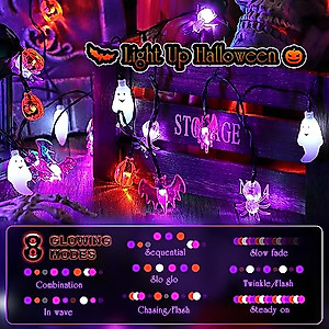 Enhon Halloween Lights, 26 FT 40LED Solar Halloween Pumpkin Bat Ghost Spider Lights for Decoration, IP44 Waterproof Lights with 8 Modes for Garden(Orange, Cool White, Purple, Dark Purple,1 Pc)