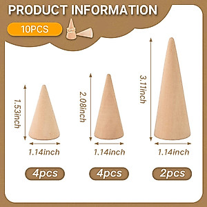 Luckforest Natural Wood Cones, 10Pcs 3 Different Sizes Wood Cone Rings Holder Jewelry Display Stand Vertical Shaped Unpainted Wooden Cones for Girls Women DIY Craft