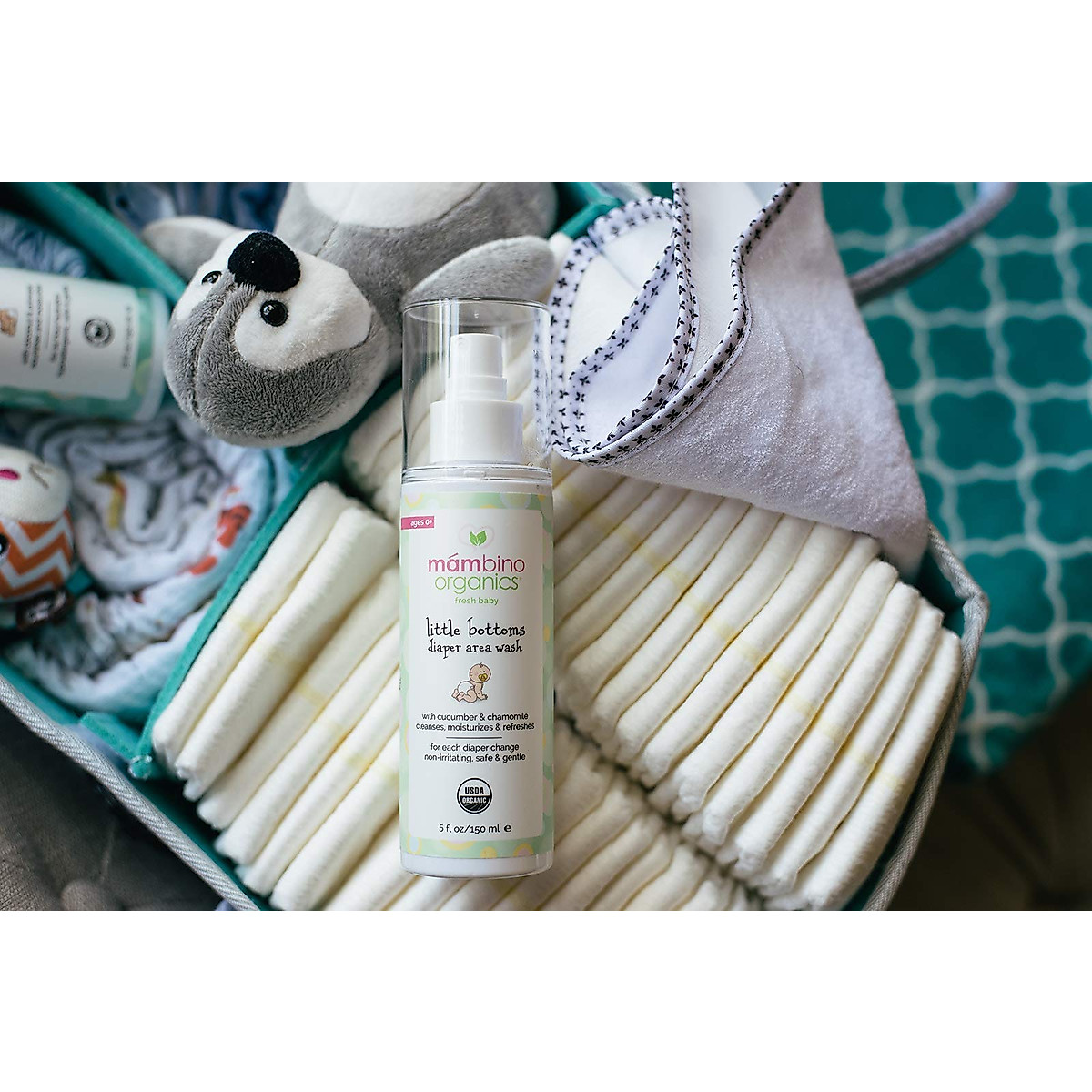 Organic Diaper Area Wash - Cruelty-Free Baby Spray for Sensitive Skin, Hypoallergenic Diaper Rash Spray, Gentle No Rinse Cleansing Water for Cloth Diaper Wipes - 5floz by Mambino Organics