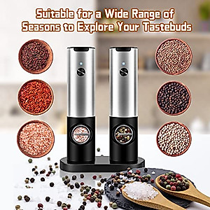 Salt and Pepper Grinder Set, Rechargeable Pepper Grinder Automatic Pepper Grinder Adjustable Coarseness with Charging Base LED Light, 2 Pack