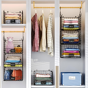Sonyabecca 3-Tier Hanging Closet Organizer with Name Plate, Clothes Hanging Shelves 5 S Hooks, Wall Mount & Cabinet Foldable Wire Storage Basket, for Clothing Sweaters Handbags
